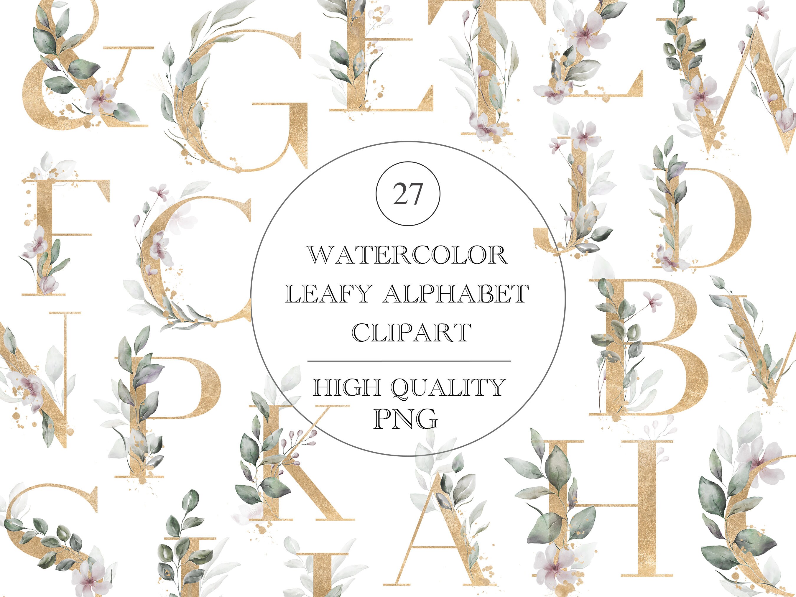 Watercolor Floral Alphabet Clipart Greenery Letters Golden - Etsy