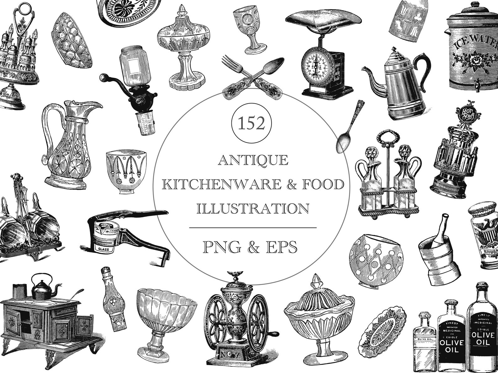 Antique Kitchenware & Food Clipart Mega Bundle, Kitchenware ...
