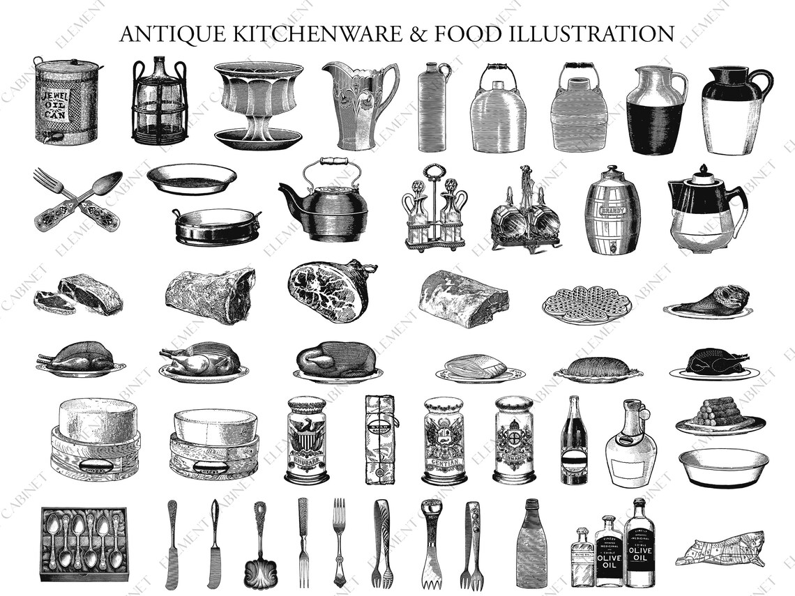 Antique Kitchenware & Food Clipart Mega Bundle, Kitchenware ...
