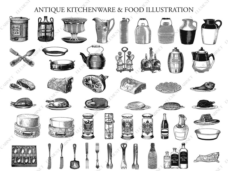 Antique Kitchenware & Food Clipart Mega Bundle, Kitchenware ...