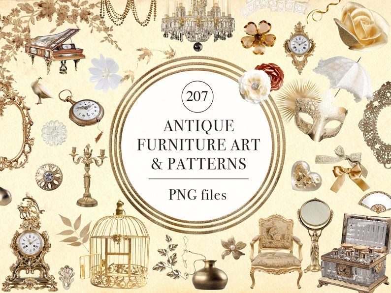 Antique Furniture & Patterns Clipart Mega Bundle, Antique Decoration ...