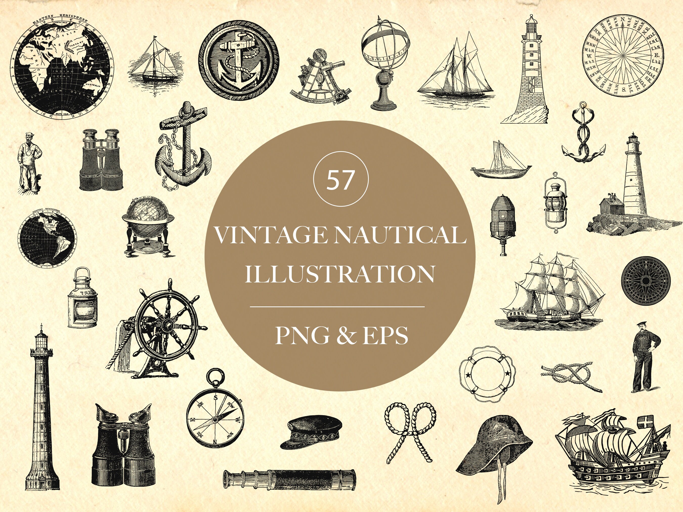 Vintage Nautical Clipart, Nautical Illustration Art, Sailing Clipart ...