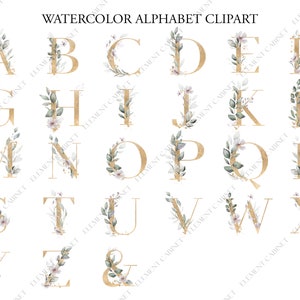 Watercolor Floral Alphabet Clipart, Greenery Letters, Golden Floral ...