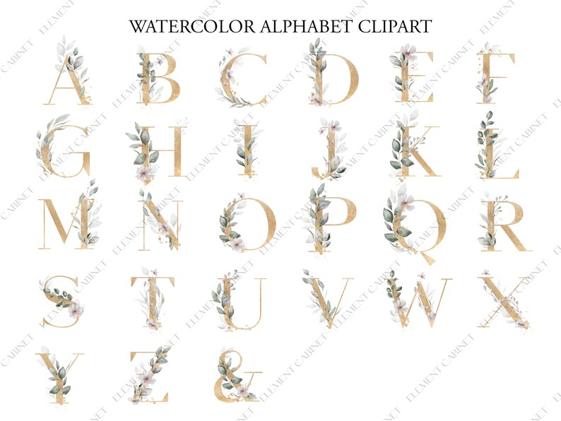 Watercolor Floral Alphabet Clipart Greenery Letters Golden - Etsy UK