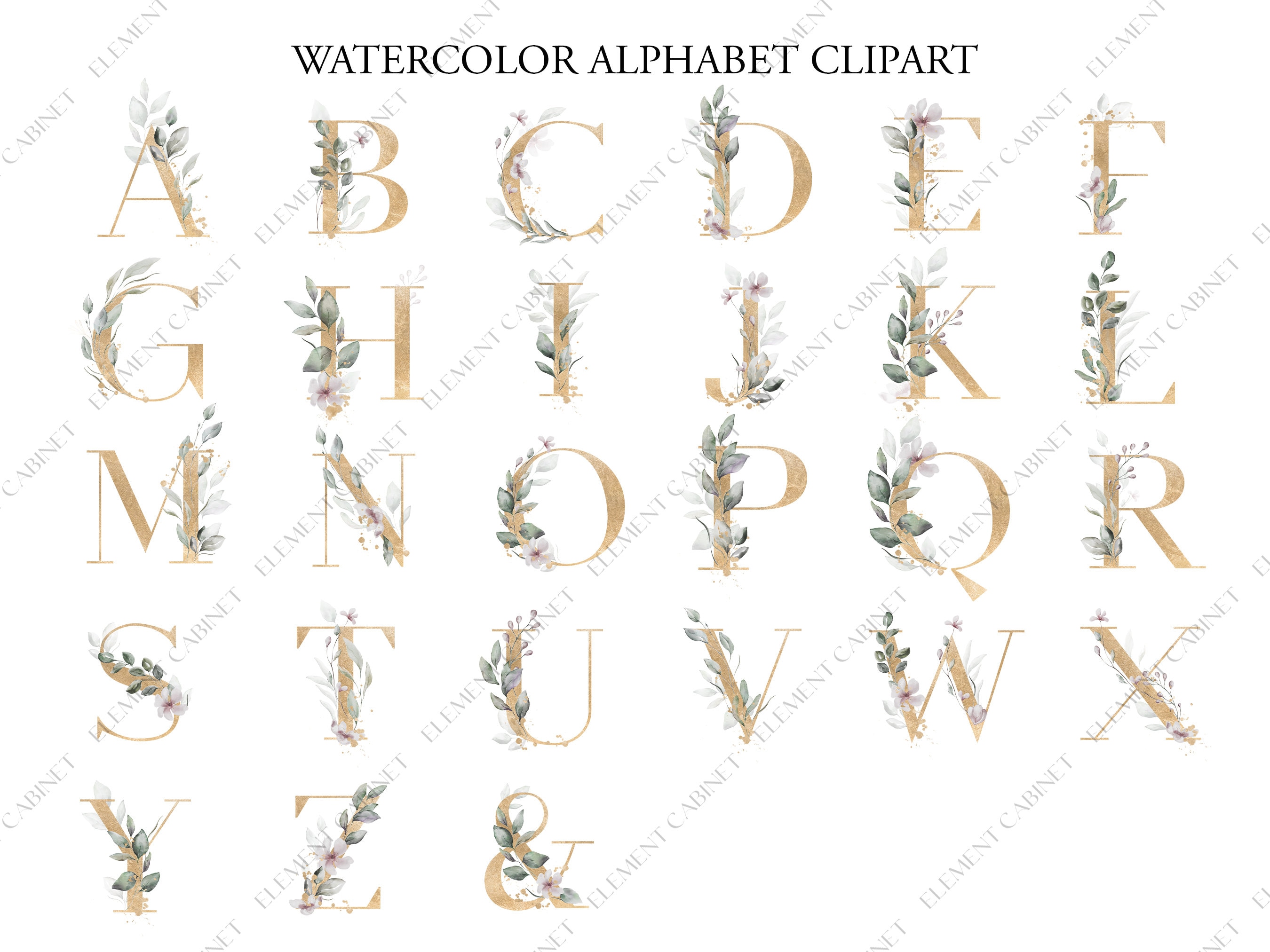 Watercolor Floral Alphabet Clipart Greenery Letters Golden - Etsy UK