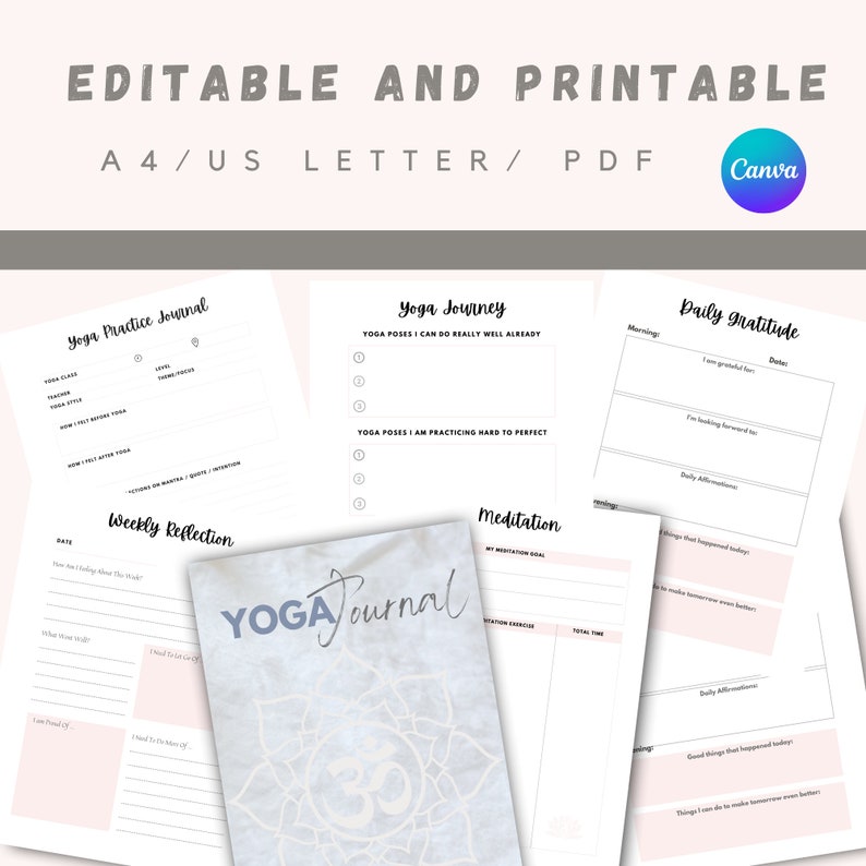Yoga Journal Printable, Editable in Canva, Wellness Planner, Gratitude ...