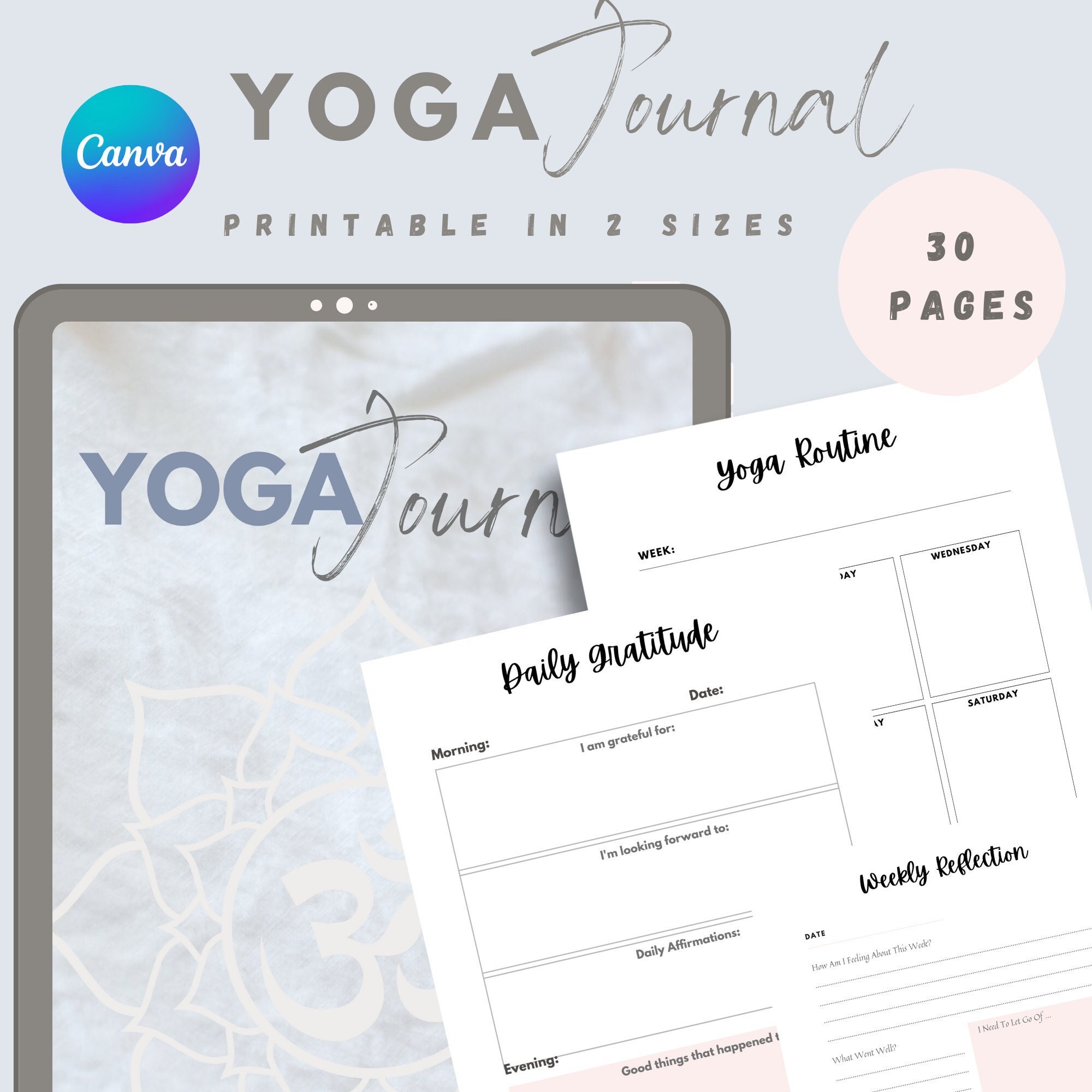 Yoga Journal Printable, Editable in Canva, Wellness Planner, Gratitude ...