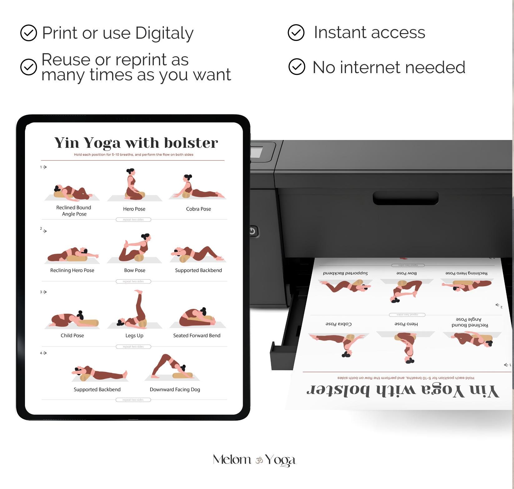 Yin Yoga With Bolster Sequence Poster, Yoga Props Poses Wall Art ...