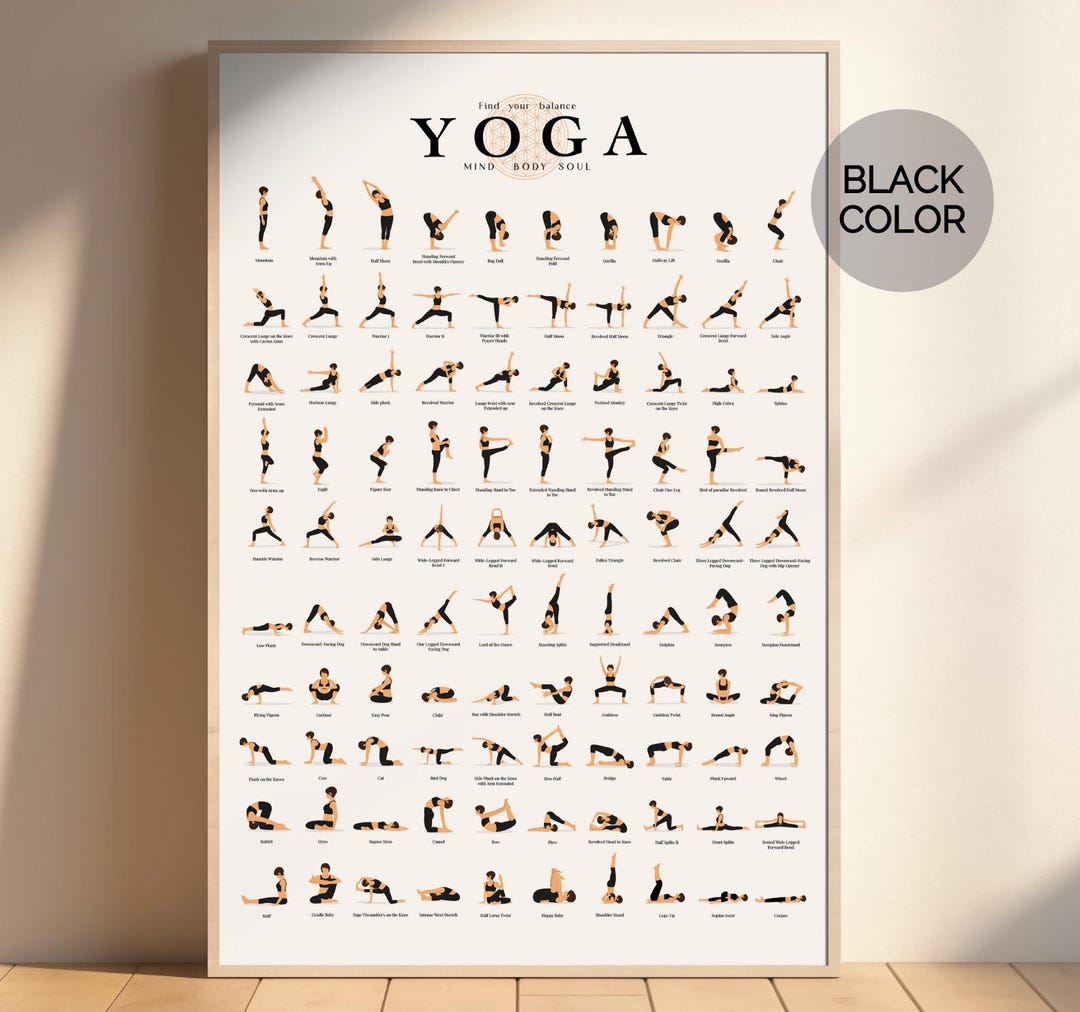100 Yoga Poses Art Print in Black Color: Hatha Asanas Beginner Guide ...