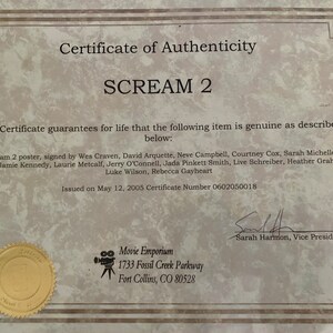 CAST AUTOGRAPH Scream 2 Movie Poster Signed by 13 Including Wes Craven, Neve Campbell, Courtney ...