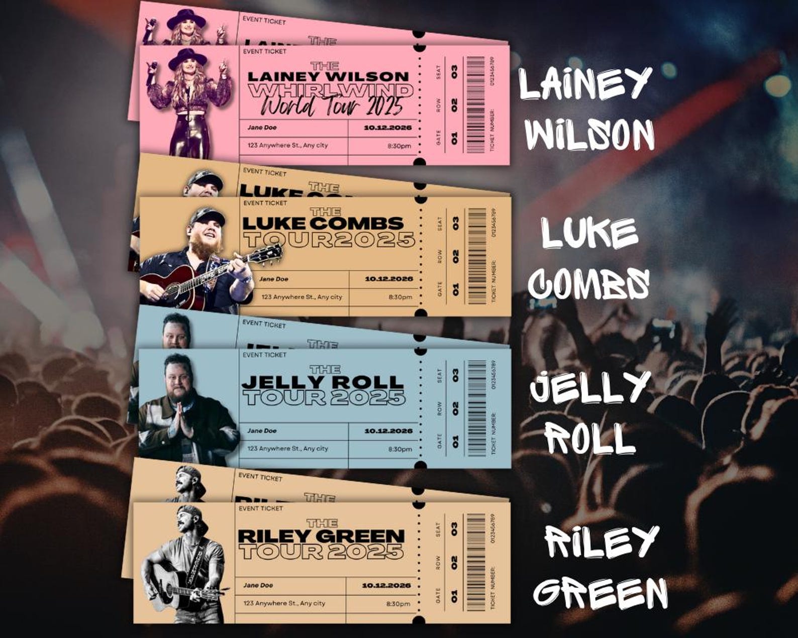 Printable 4pc Country Artist Ticket Stubs, Printable Keepsake ...