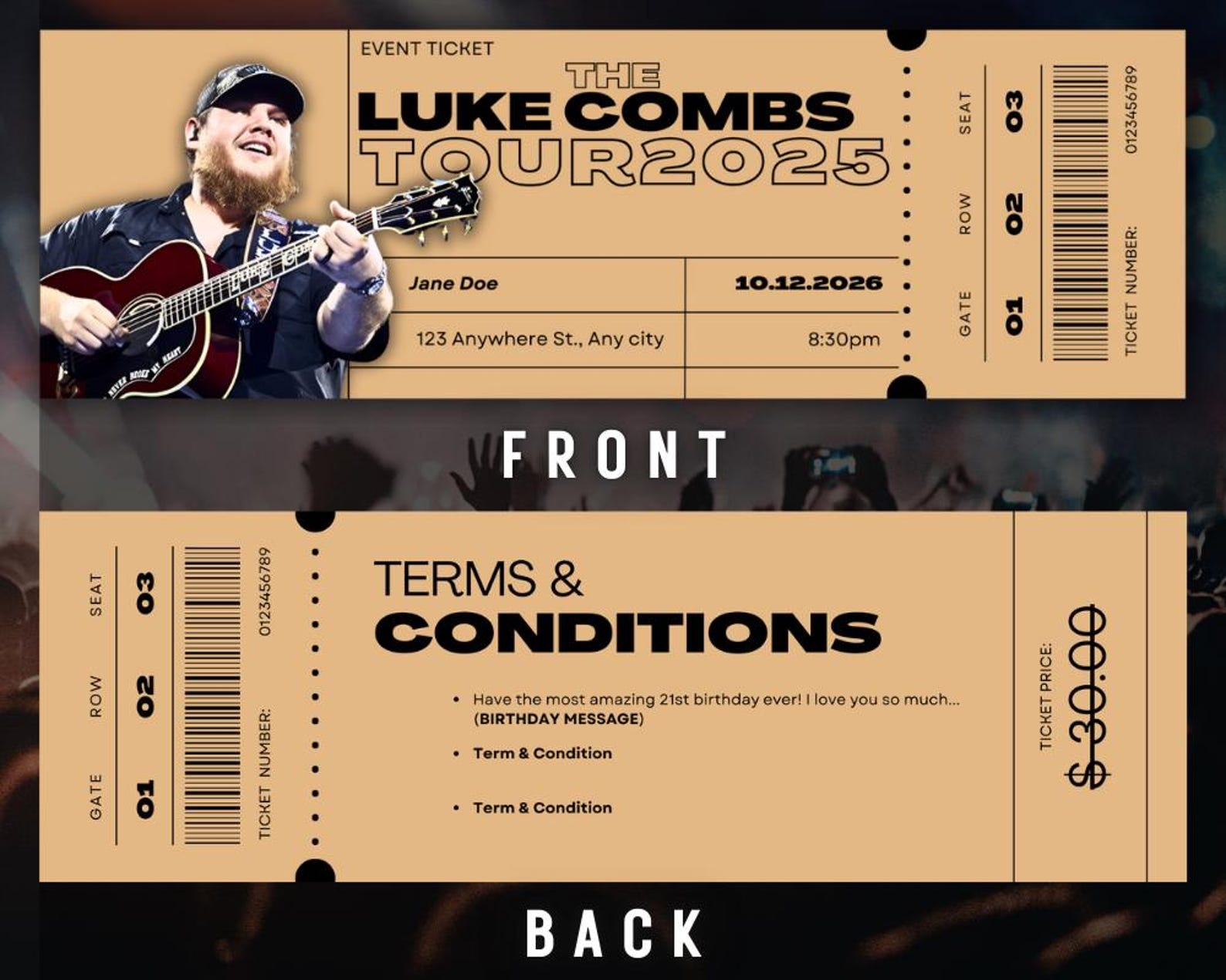 Printable 4pc Country Artist Ticket Stubs, Printable Keepsake ...