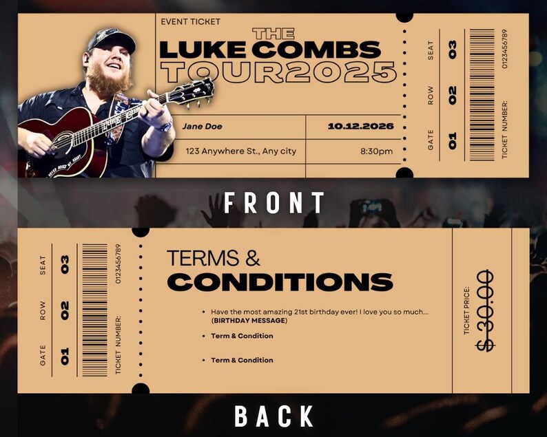 Printable 4pc Country Artist Ticket Stubs, Printable Keepsake ...