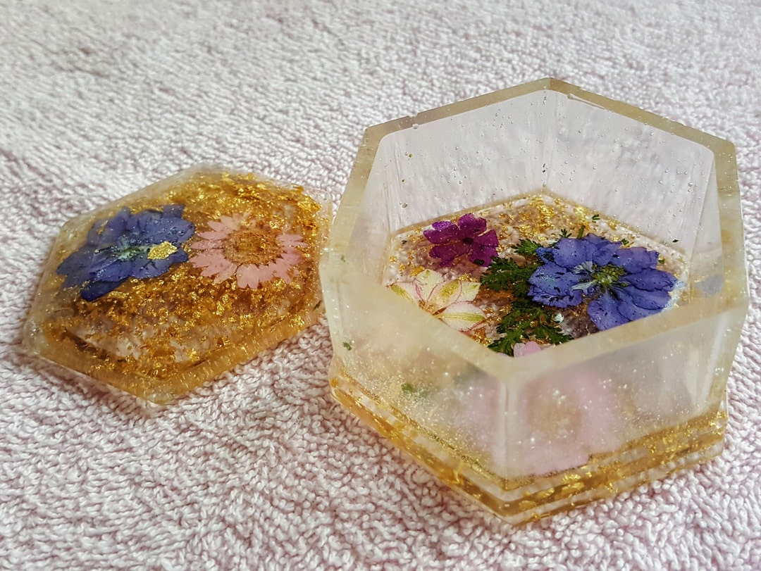 Hexagon Floral Treasure Box Real Flower Resin Trinket Dish Gold Foil ...