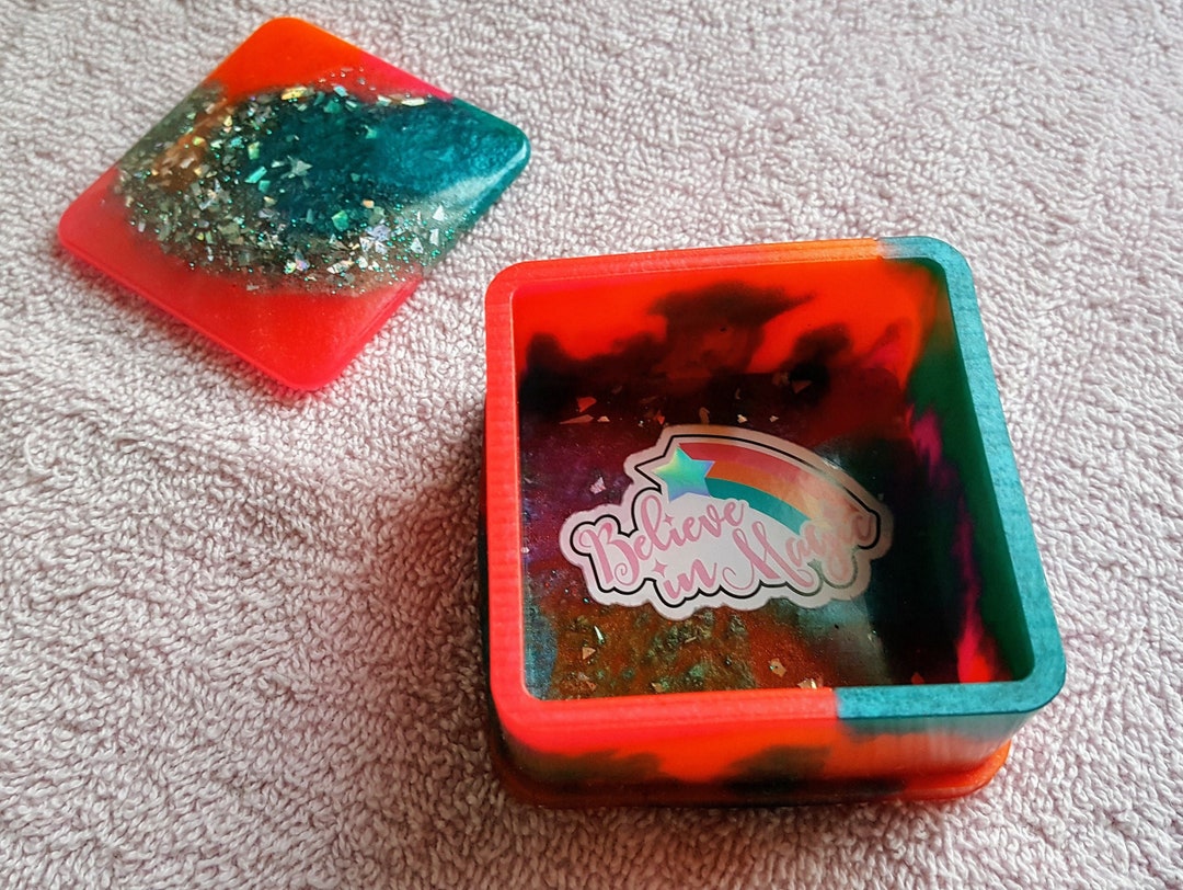 Believe in Magic Trinket Box With Lid Square Glittery Trinket Dish Pink ...