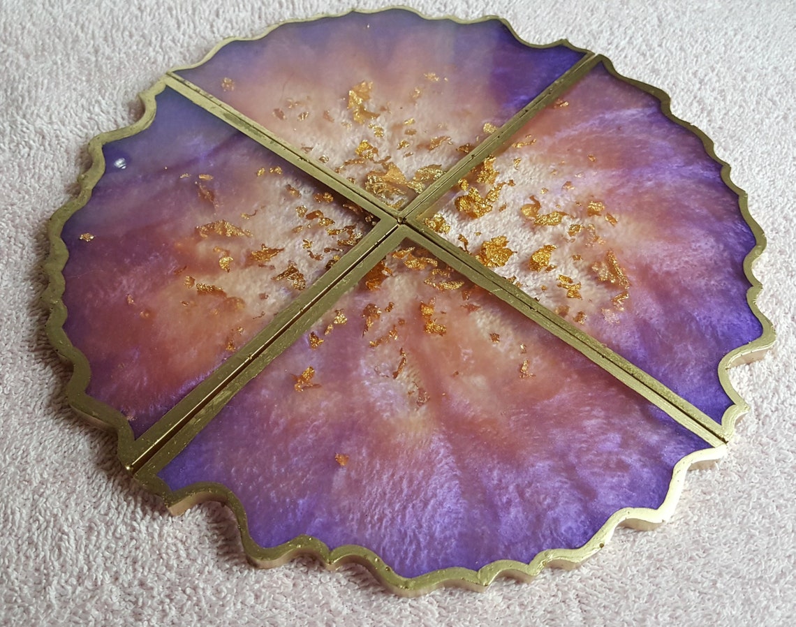 Purple Mosaic Slice Coasters 4pc Epoxy Resin Coaster Puzzle Gold Trim ...