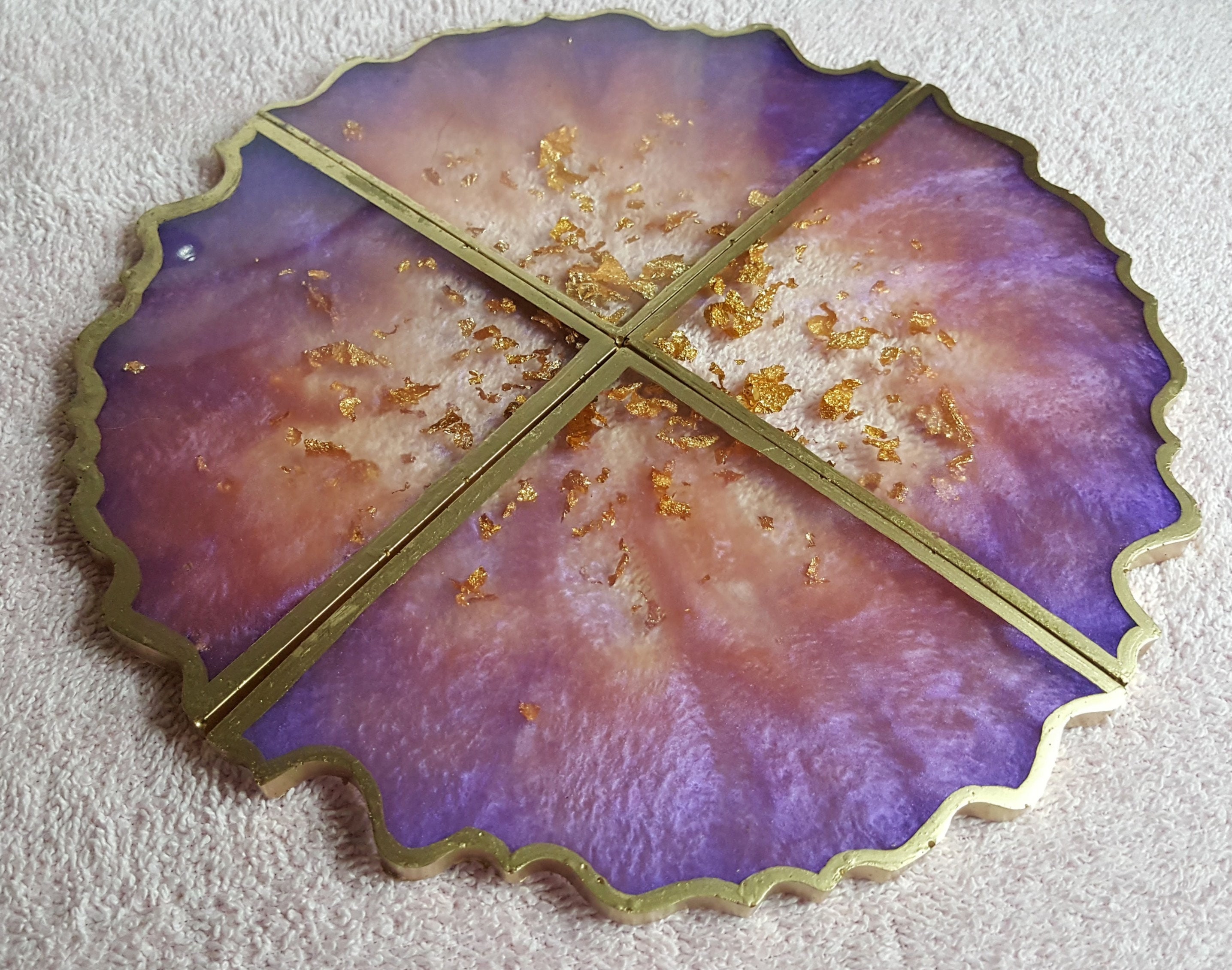 Purple Mosaic Slice Coasters 4pc Epoxy Resin Coaster Puzzle Gold Trim ...
