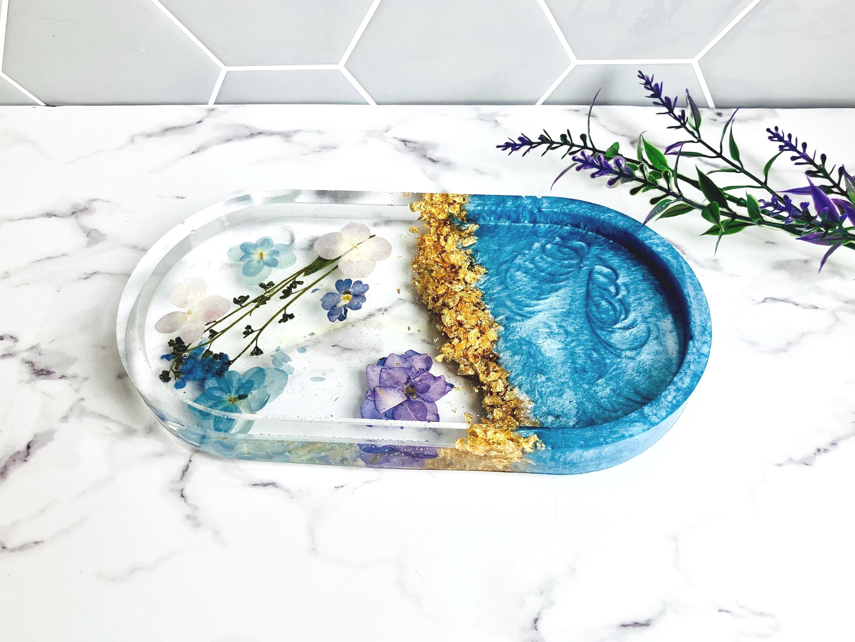 Floral Resin Vanity Tray: Blue, White, and Gold Catchall - Etsy