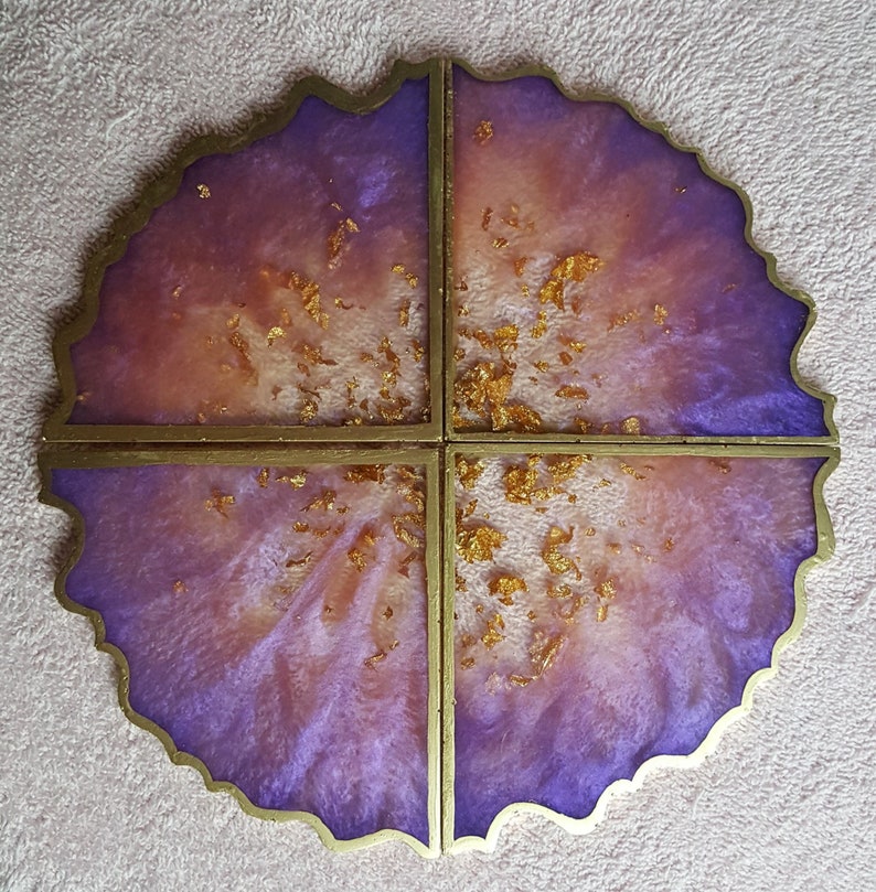 Purple Mosaic Slice Coasters 4pc Epoxy Resin Coaster Puzzle Gold Trim ...