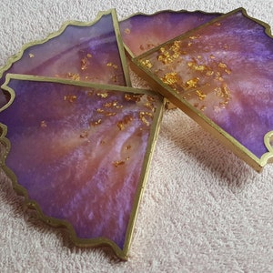 Purple Mosaic Slice Coasters 4pc Epoxy Resin Coaster Puzzle Gold Trim ...