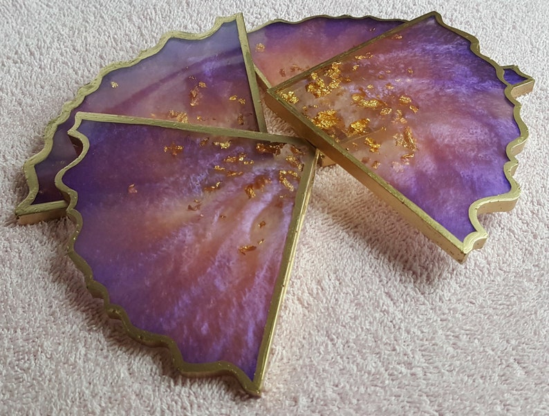 Purple Mosaic Slice Coasters 4pc Epoxy Resin Coaster Puzzle Gold Trim ...