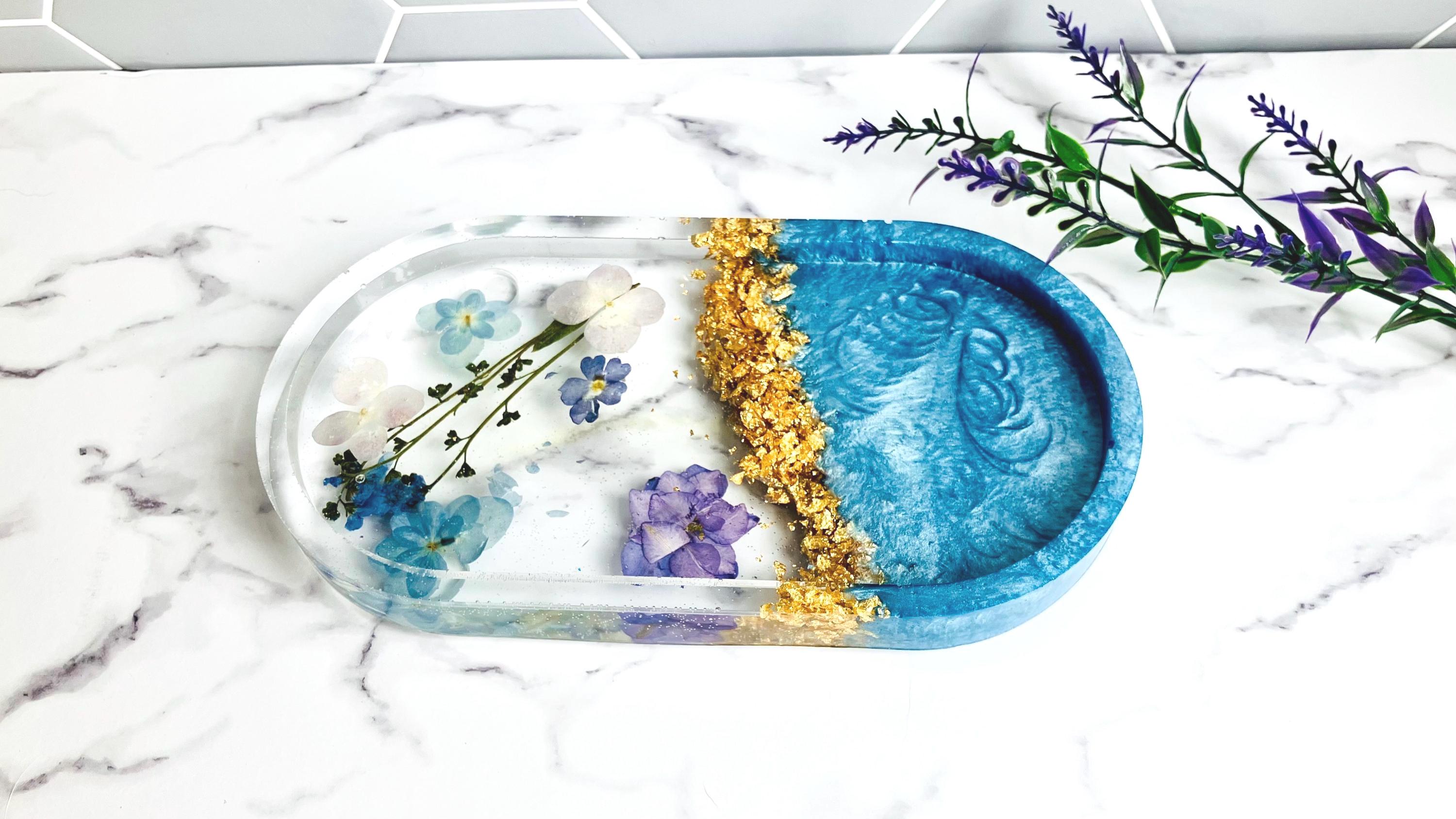 Floral Resin Vanity Tray: Blue, White, and Gold Catchall - Etsy