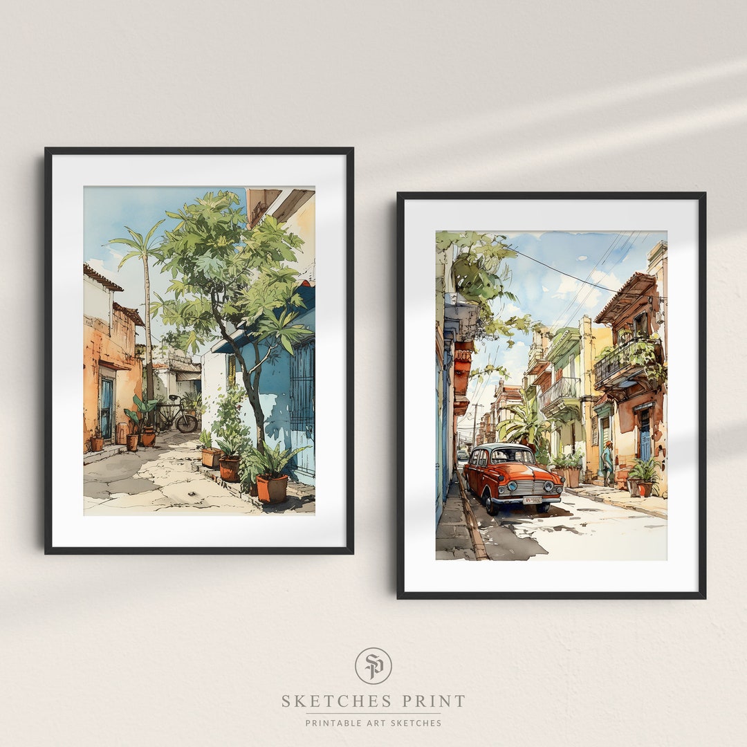 Streets in Cuba Wall Sketches Art Print Vintage Frames - SET of 2 ...