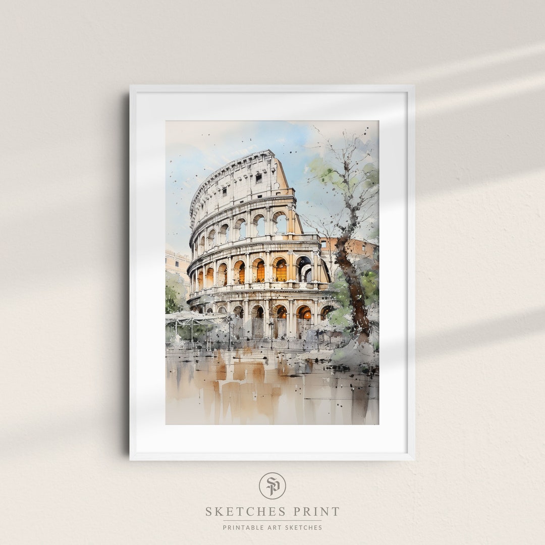Rome's Coliseum Arena of Italy Wall Sketch Art Print Vintage Frame ...