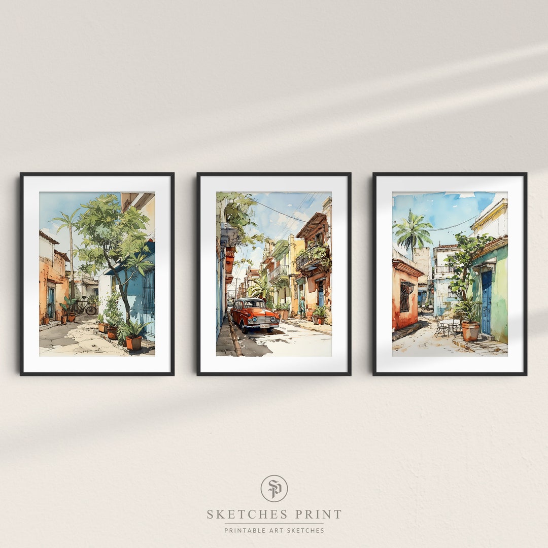 Streets in Cuba With American Vestiges Wall Sketches Art Print Vintage ...