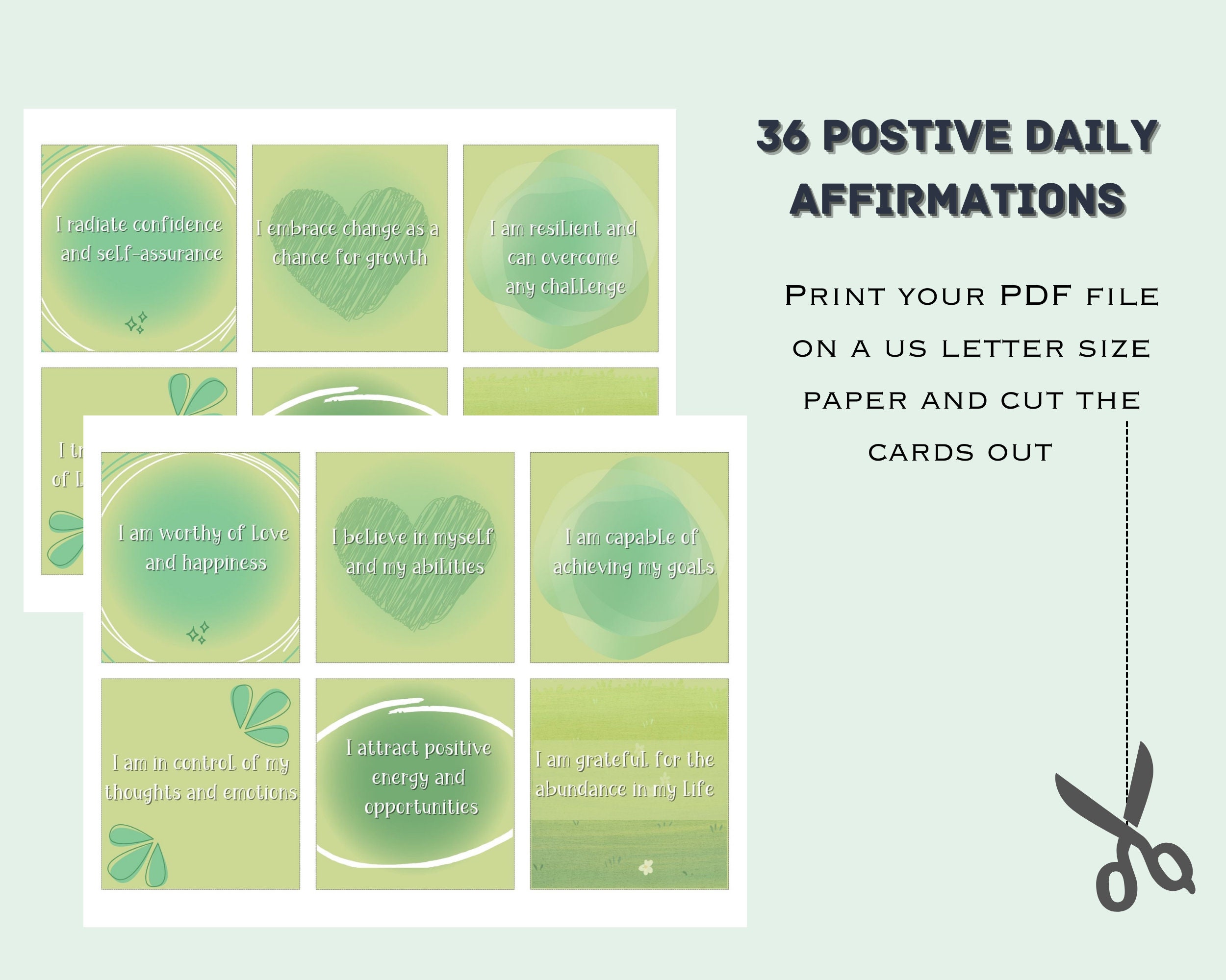 Printable Daily Positive Affirmation Cards , Set of 36 Positive ...