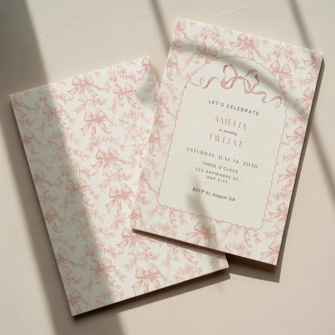 Blush Pink Bow Coquette Invitation 12th Birthday Template Digital ...