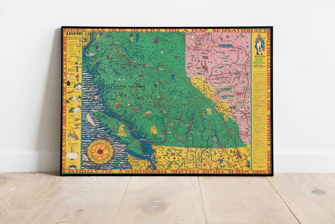 Illustrated Road Map of British Columbia Print, Historicial Map ...