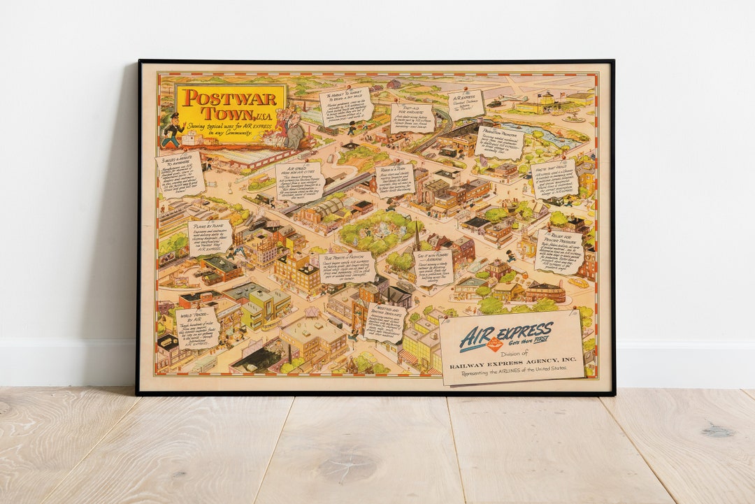 Illustrated Postwar Town, USA Print, Illustrated Map, Pictorial Map ...