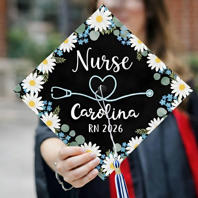 Personalized Nurse Graduation Cap Topper, Floral Daisy Stethoscope ...