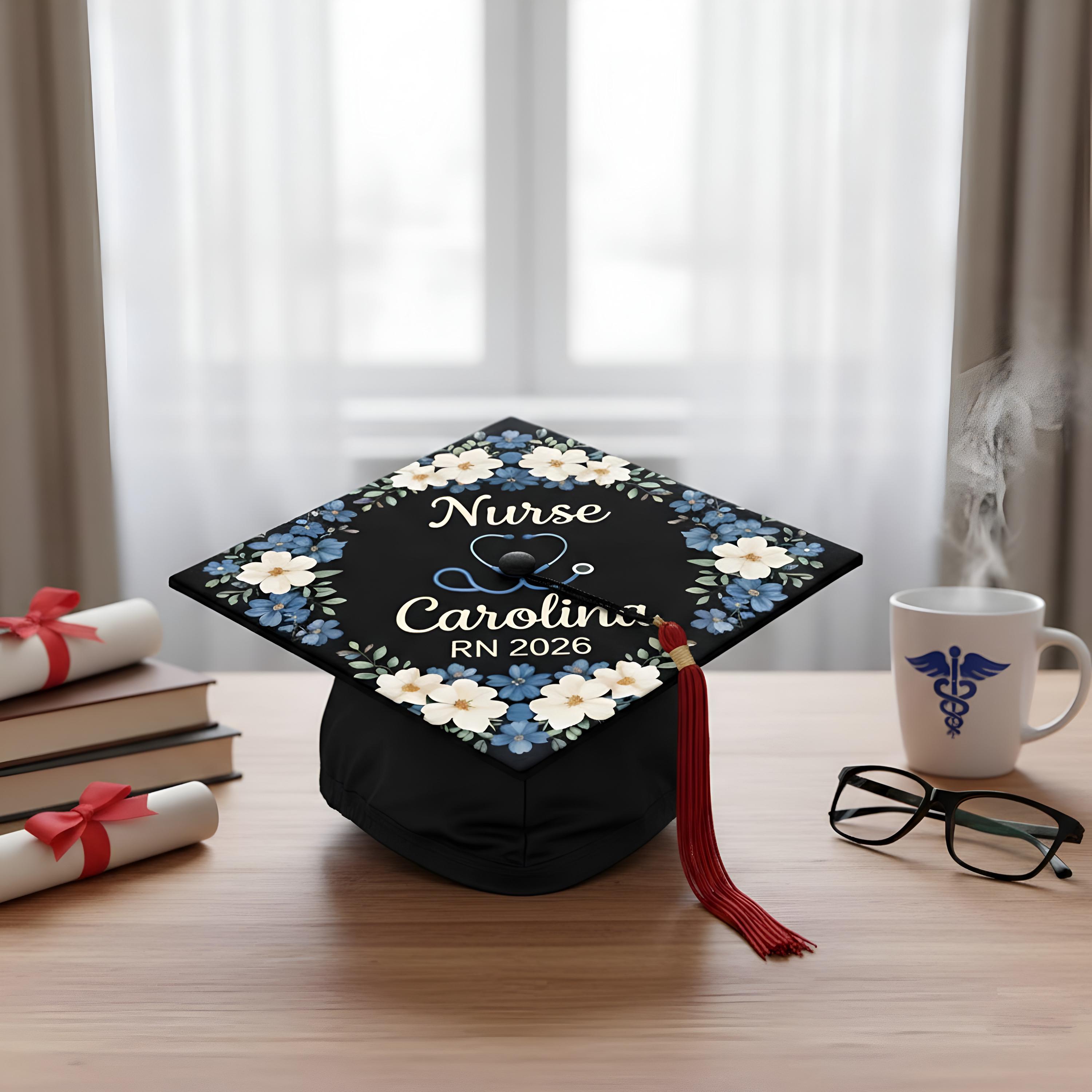 Personalized Nurse Graduation Cap Topper, Floral Stethoscope Heart Cap ...