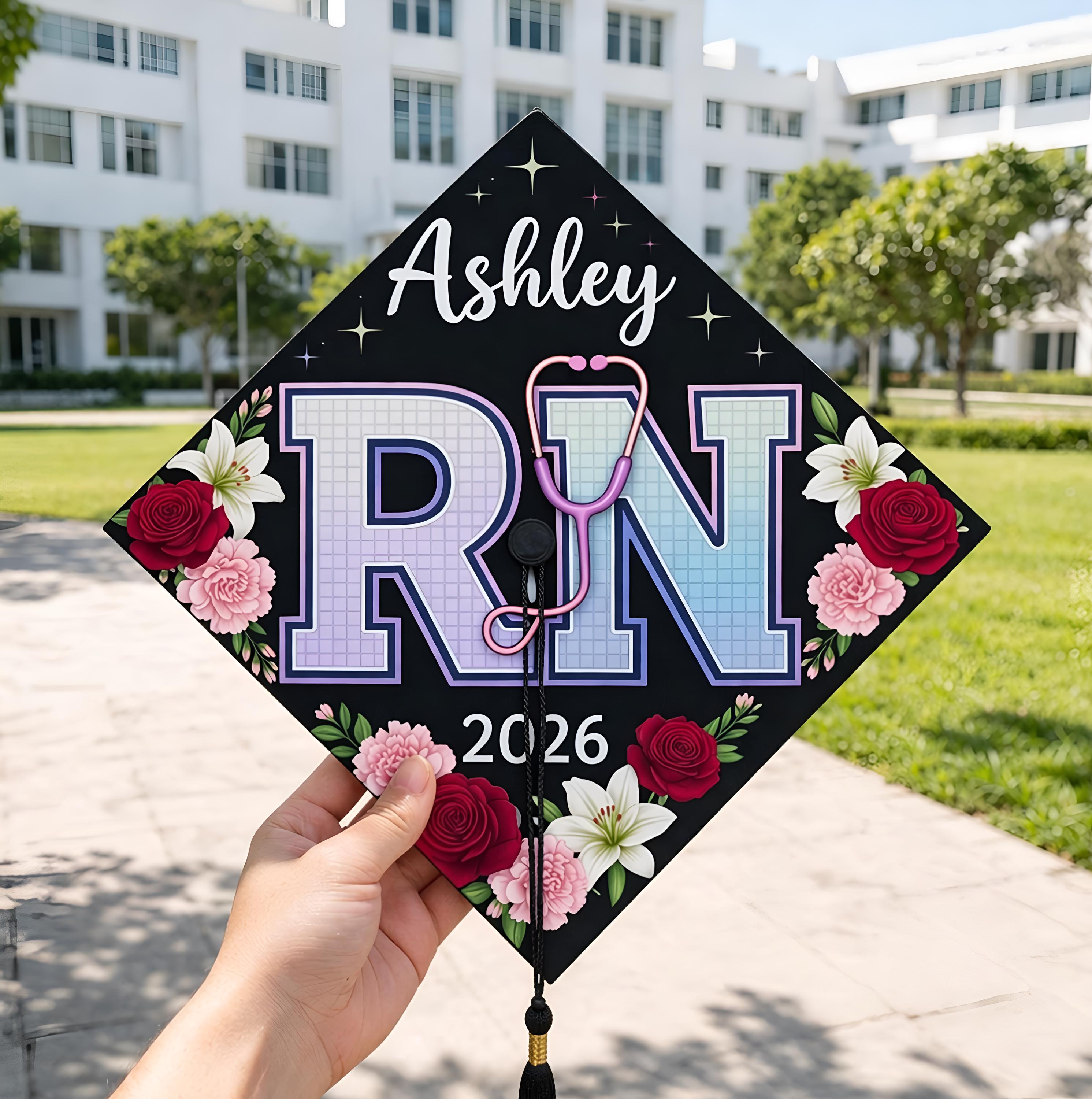 Custom RN Graduation Cap Topper Gift for Future Nurse, Floral RN Cap ...