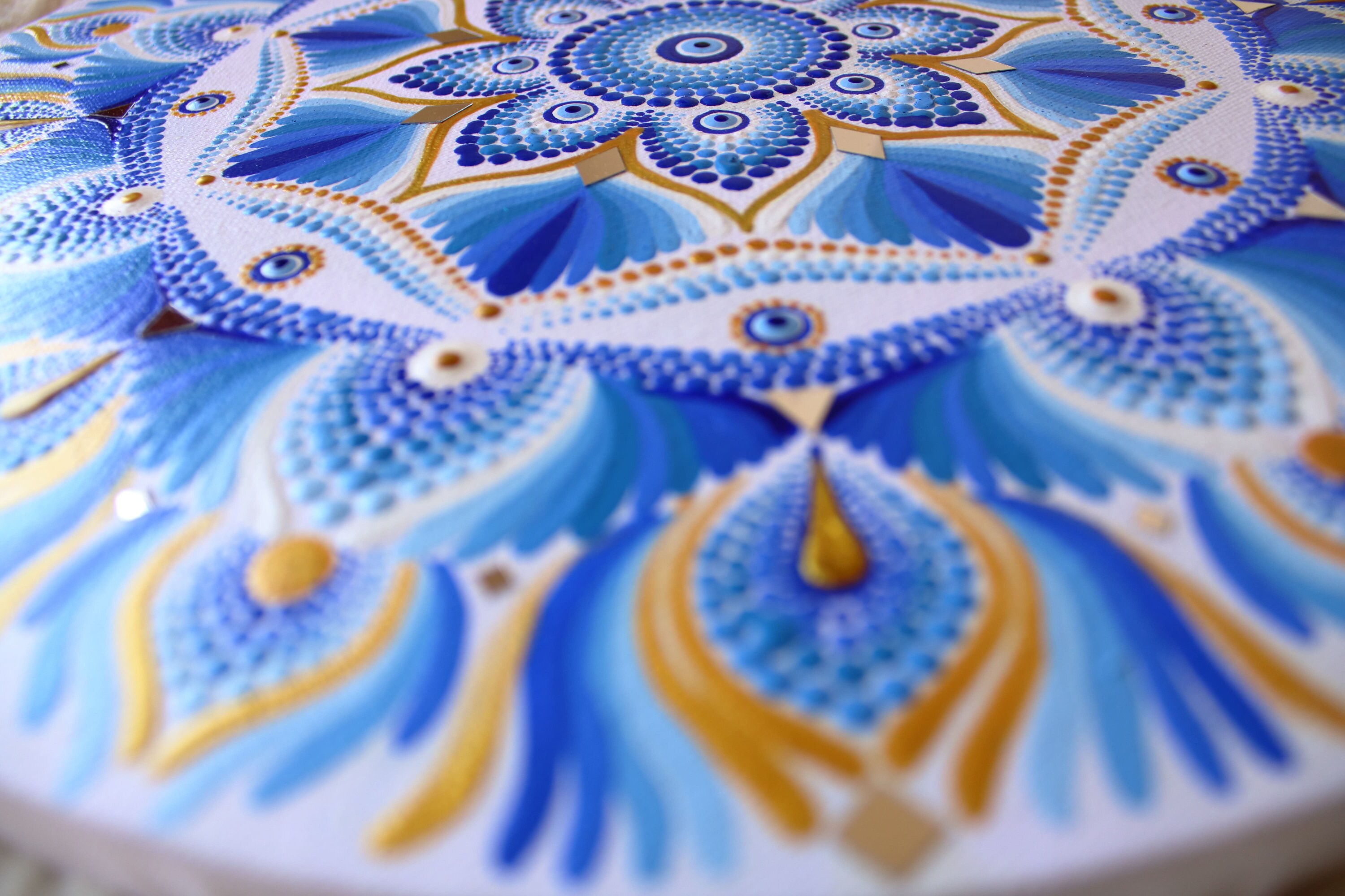 Hand-painted Pointillism Mandala Wall Art: Blue & Gold Mirror Accents ...