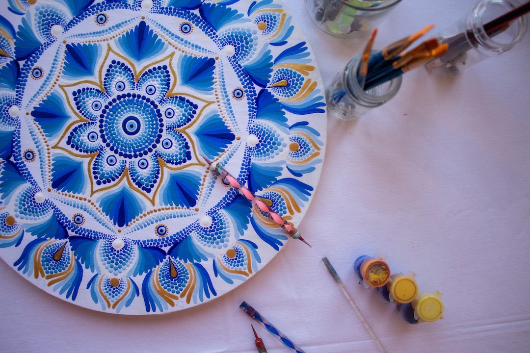 Hand-painted Pointillism Mandala Wall Art: Blue & Gold Mirror Accents ...