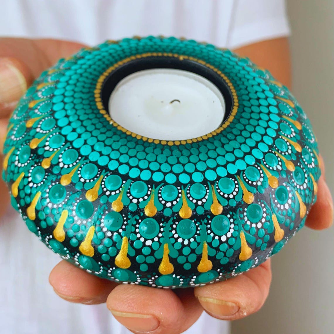 Mandala Dot Art Candle Holder, Hand-painted Tealight Holder, Green Gold ...