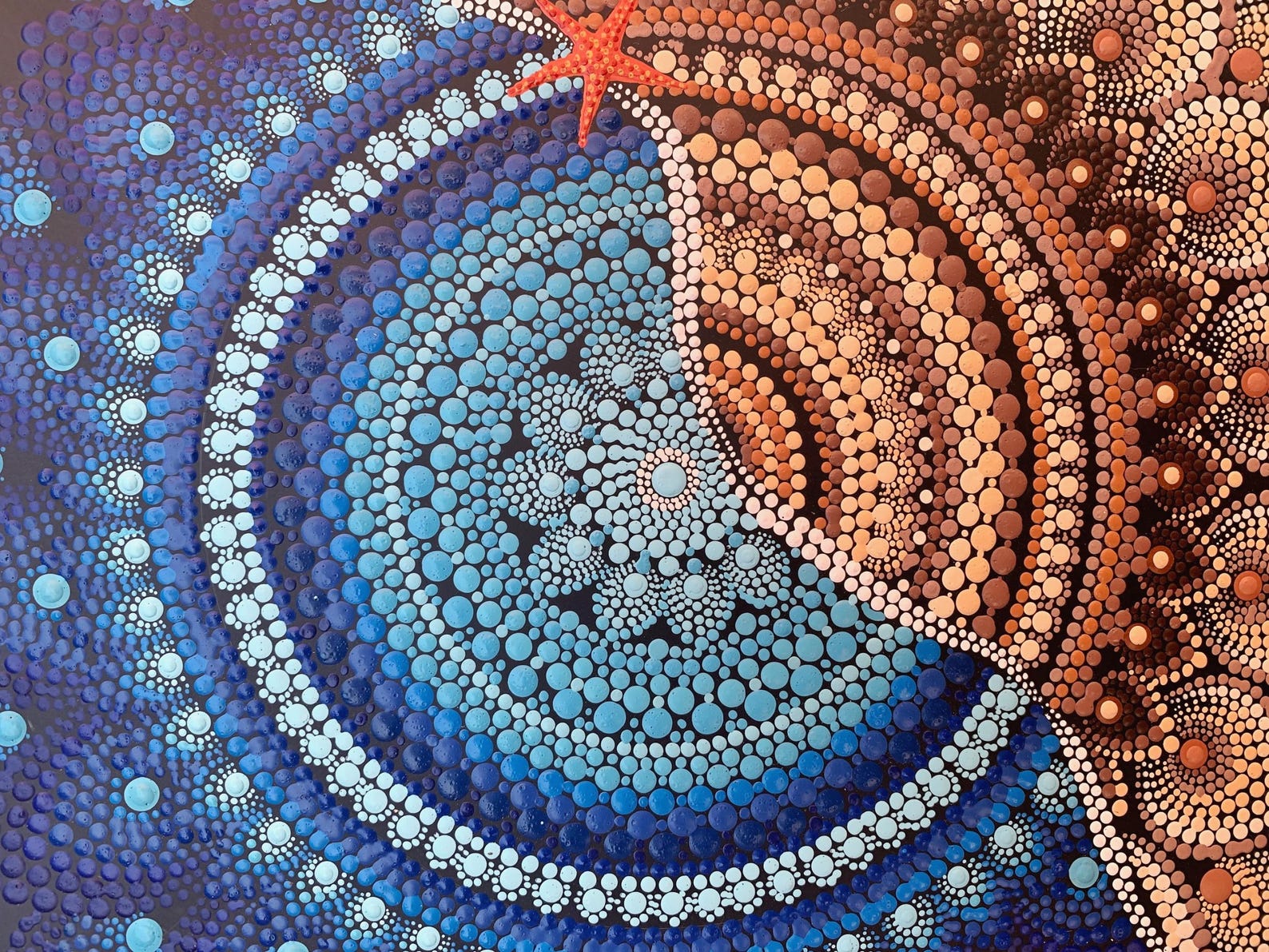 Hand-painted Abstract Mandala Art on Wood - Blue and Brown Pointillism ...