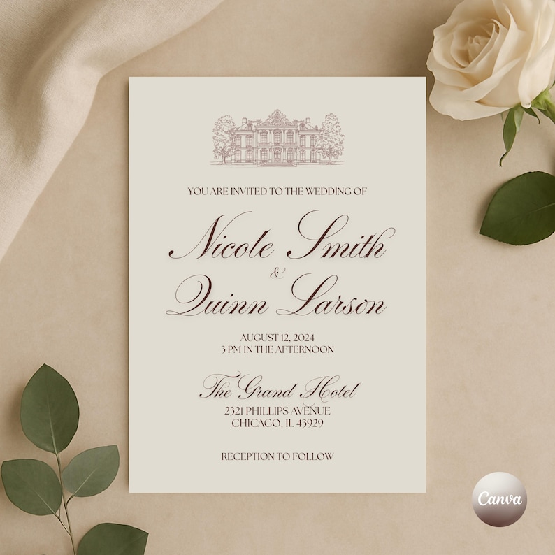 Hand-drawn Mansion Wedding Invitation Template, Brown & Cream (digital ...