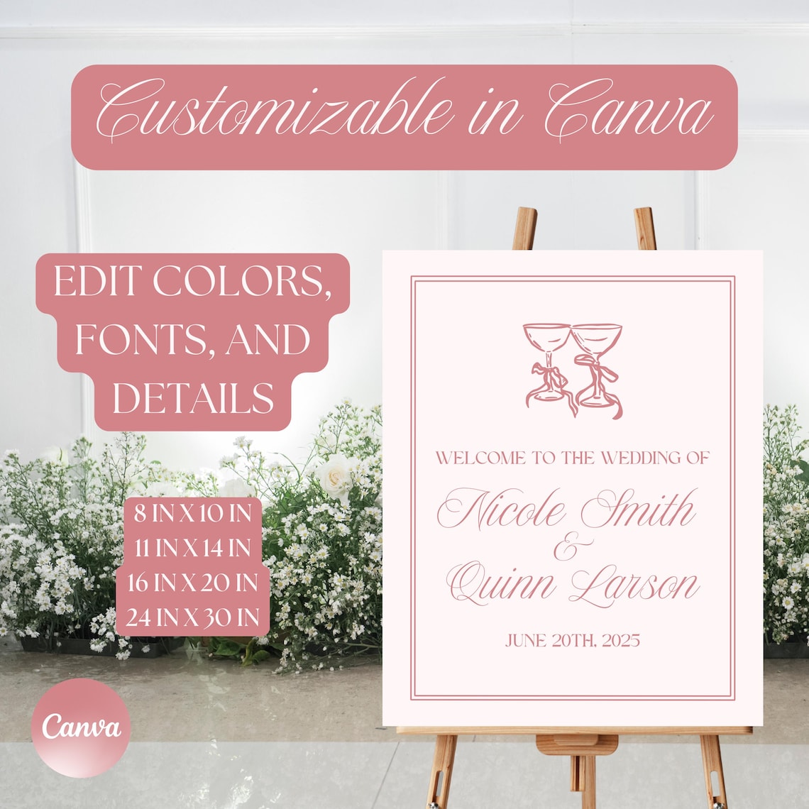Elegant Pink Wedding Welcome Sign, Formal Script (canva Template) - Etsy