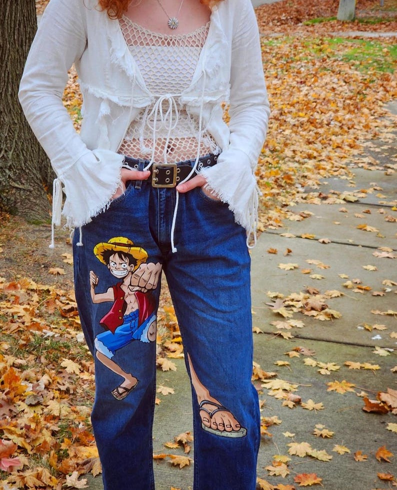 One Piece Luffy Hand Painted Denim Jeans - Etsy