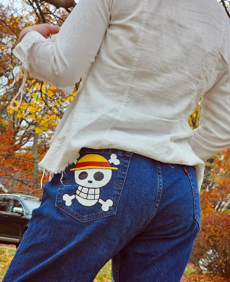 One Piece Luffy Hand Painted Denim Jeans - Etsy