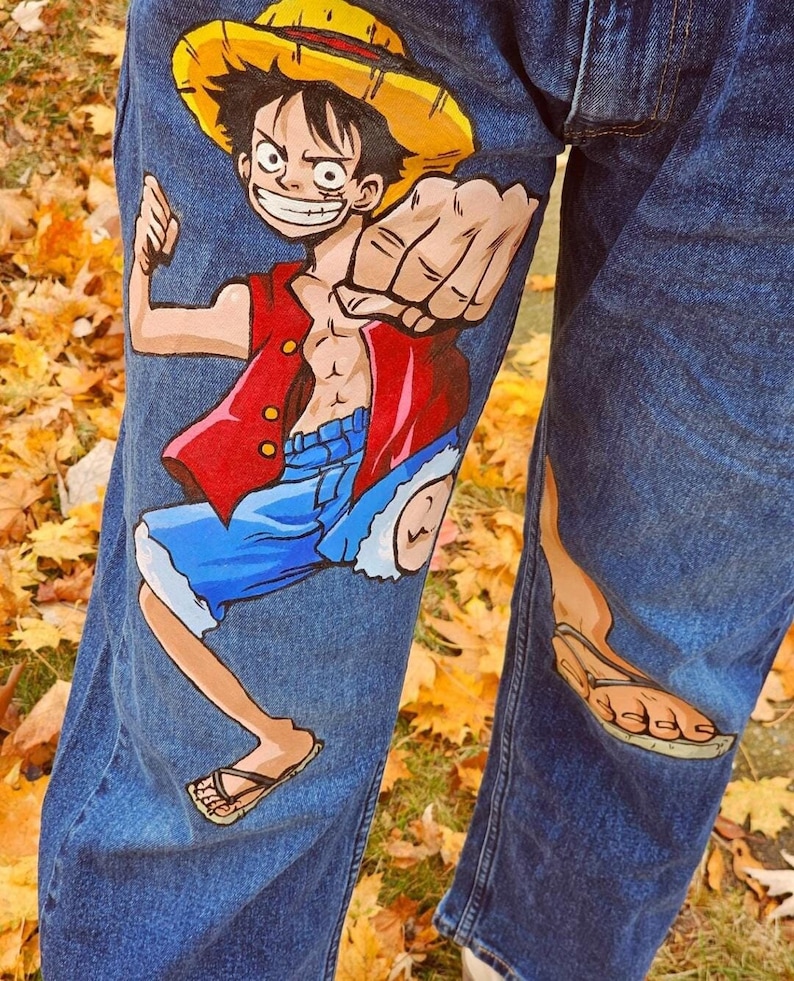 One Piece Luffy Hand Painted Denim Jeans - Etsy