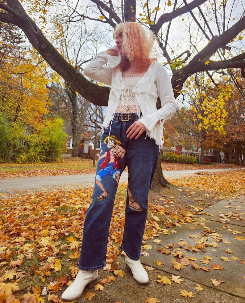 One Piece Luffy Hand Painted Jeans - Etsy