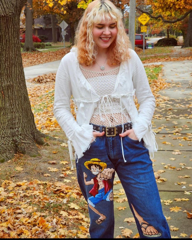 One Piece Luffy Hand Painted Denim Jeans - Etsy