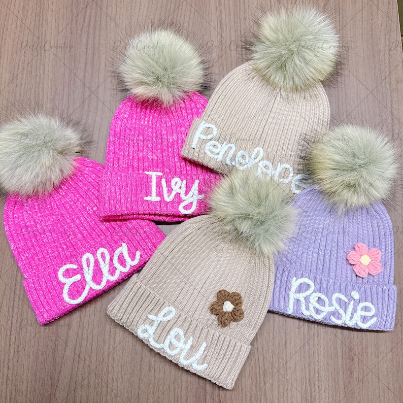 Custom Kids Beanie With Pompom: Personalized Winter Hat for Girls ...