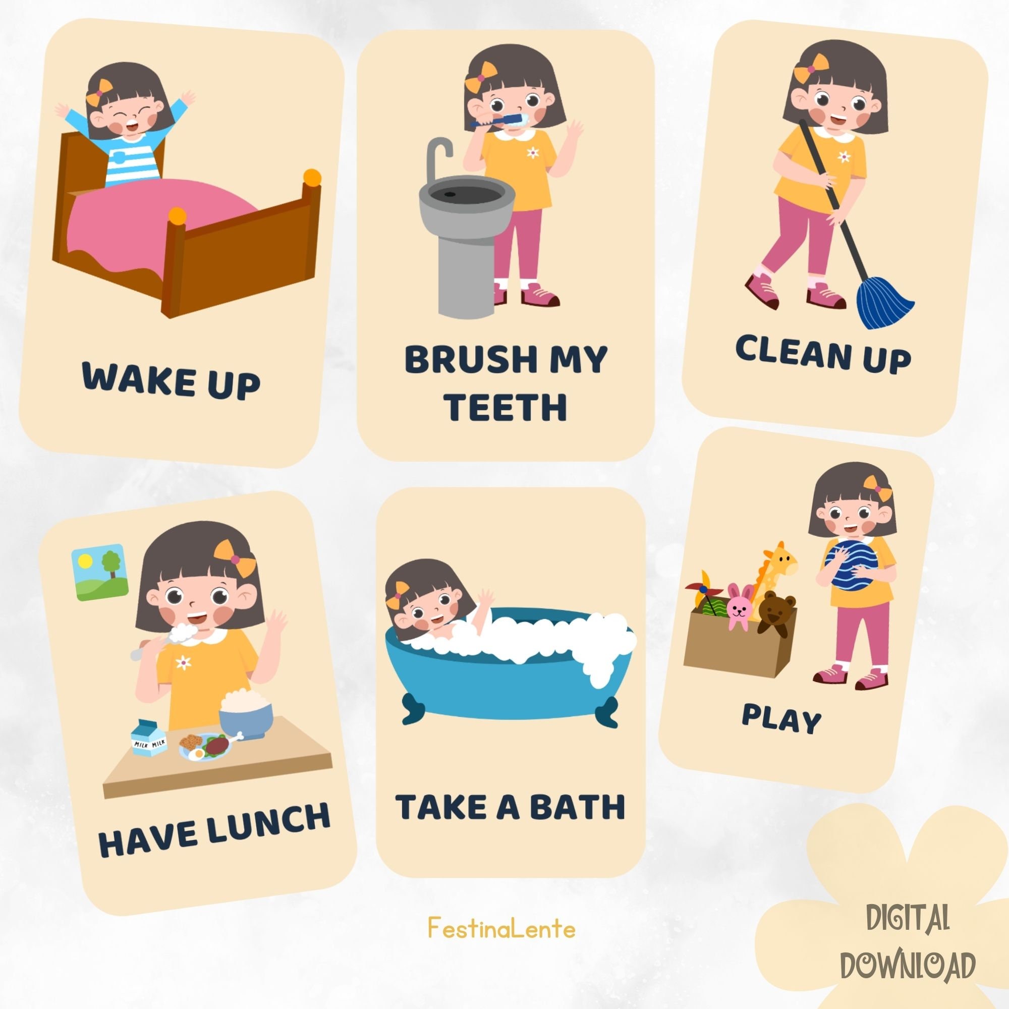 Kids Daily Routine Cardshousework Verbsnomenclature Flashcardsvisual ...