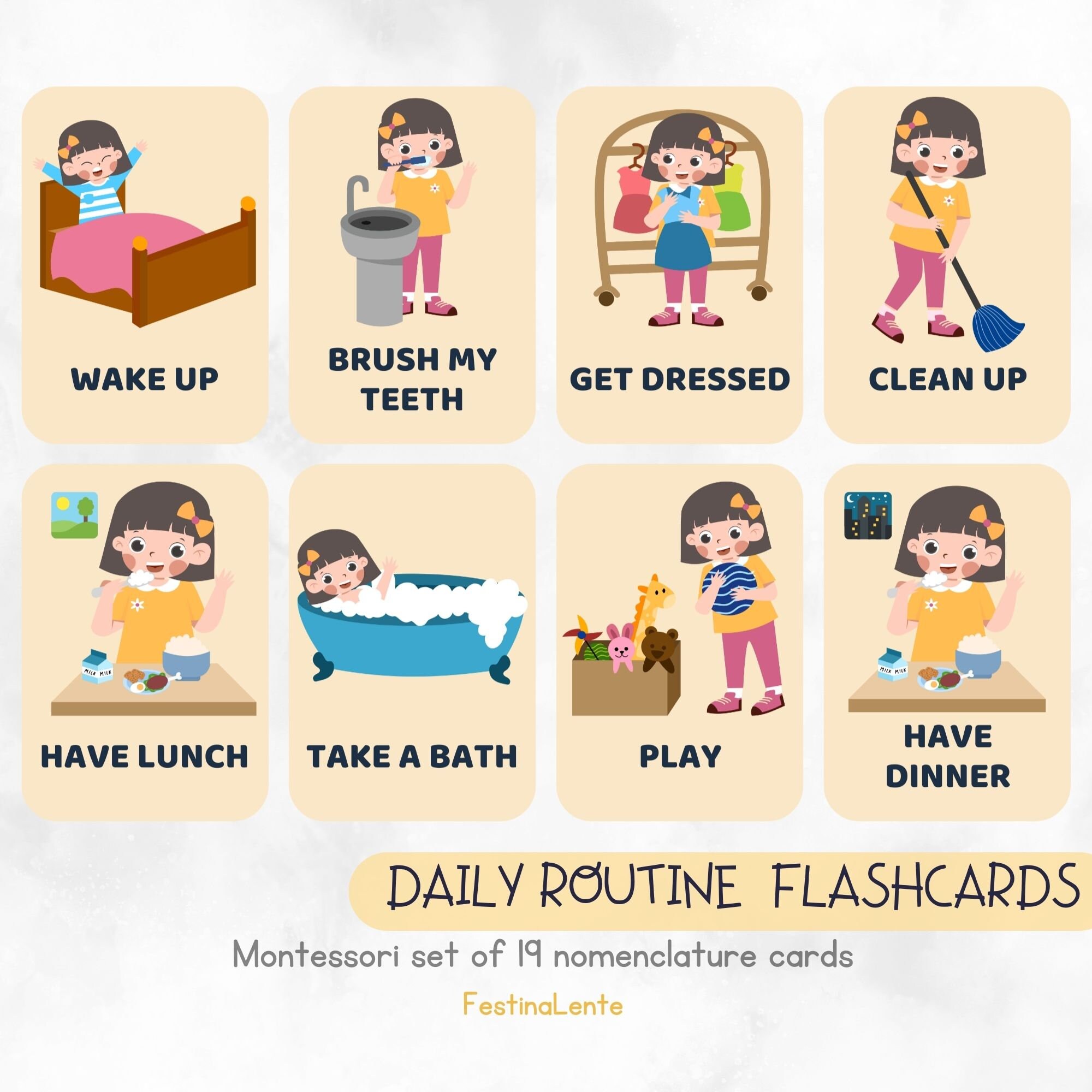 Kids Daily Routine Cardshousework Verbsnomenclature Flashcardsvisual ...